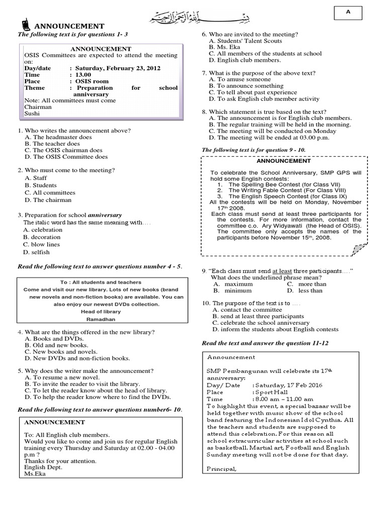 Announcement For Pre-Test | PDF