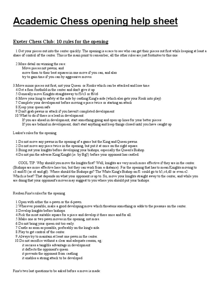 Academic Chess Opening Help Sheet | PDF | Chess Openings | Chess Strategy
