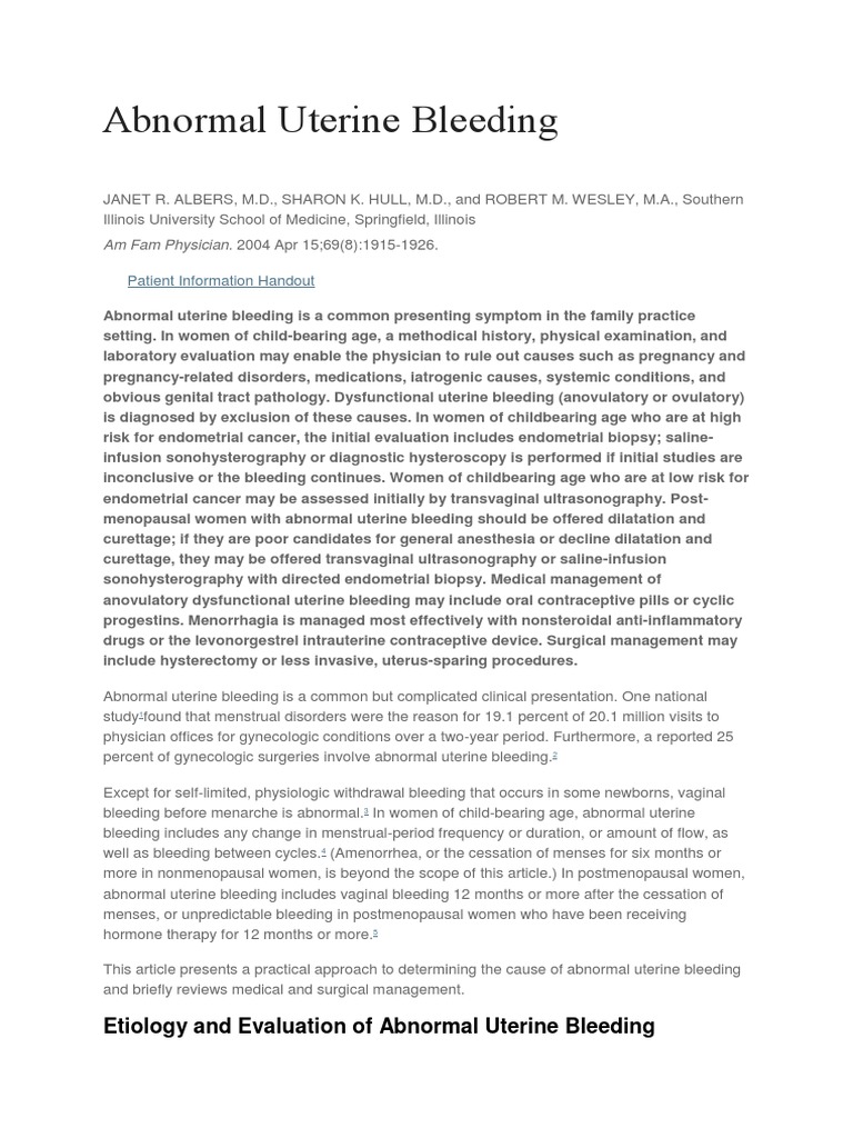 Etiology and Evaluation of Abnormal Uterine Bleeding | PDF | Menstrual Cycle | Mammal Female ...