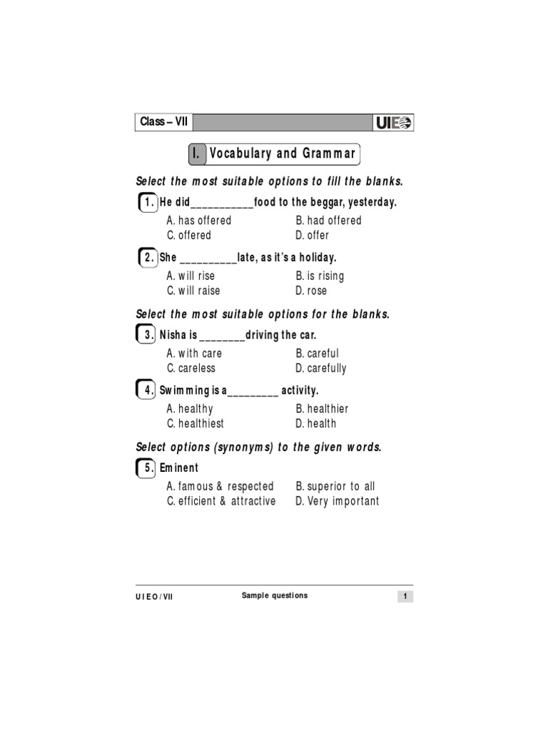 I. Vocabulary and Grammar: Select The Most Suitable Options To Fill The ...