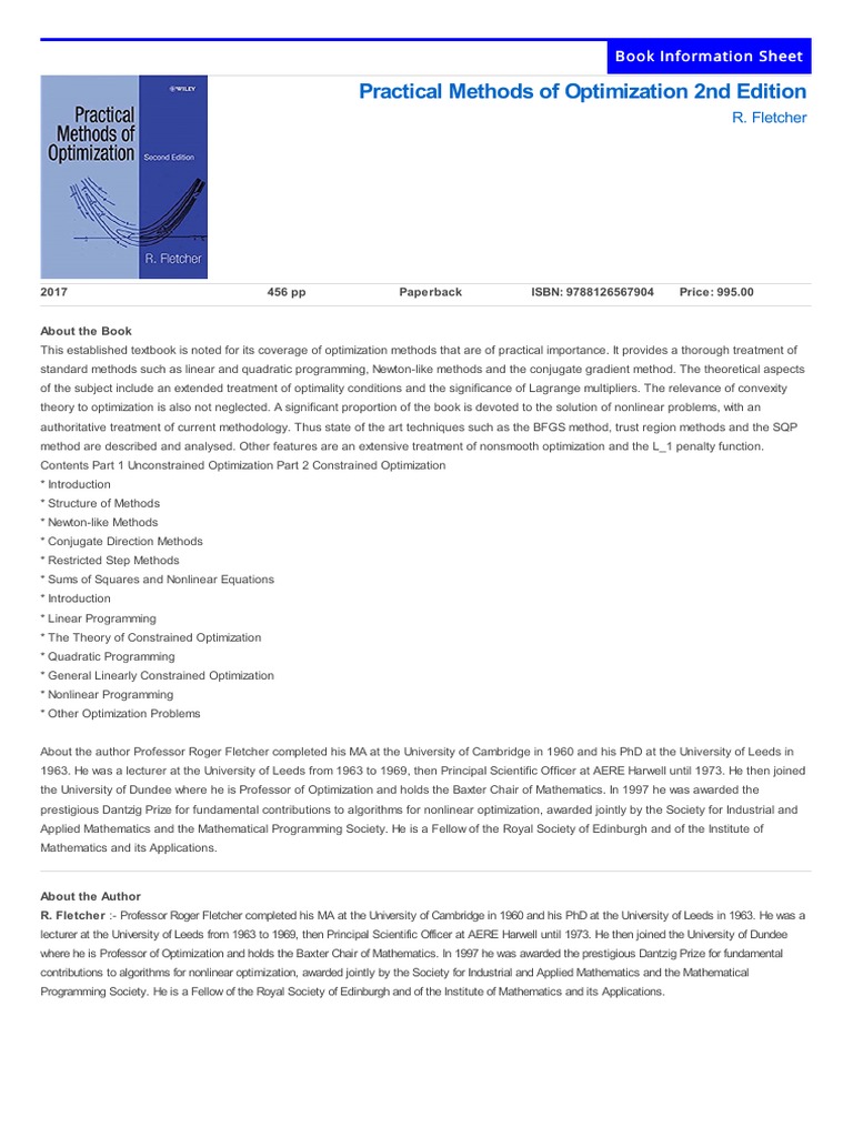 Practical Methods of Optimization 2nd Edition: Book Information Sheet ...