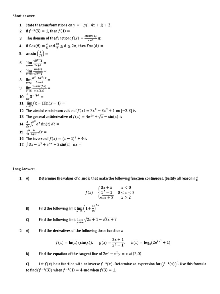 Exam Review Questions | PDF | Derivative | Differential Calculus