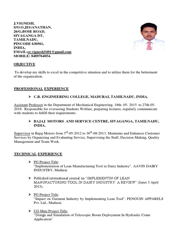 J.vignesh Resume | PDF | Tamil Nadu | Engineering