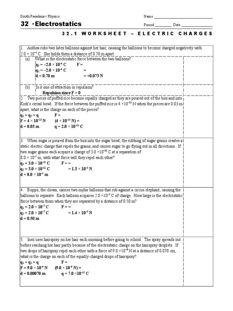 CHP.32 Coulombs - Law Worksheet 32.1 Answers | PDF | Electric Charge ...