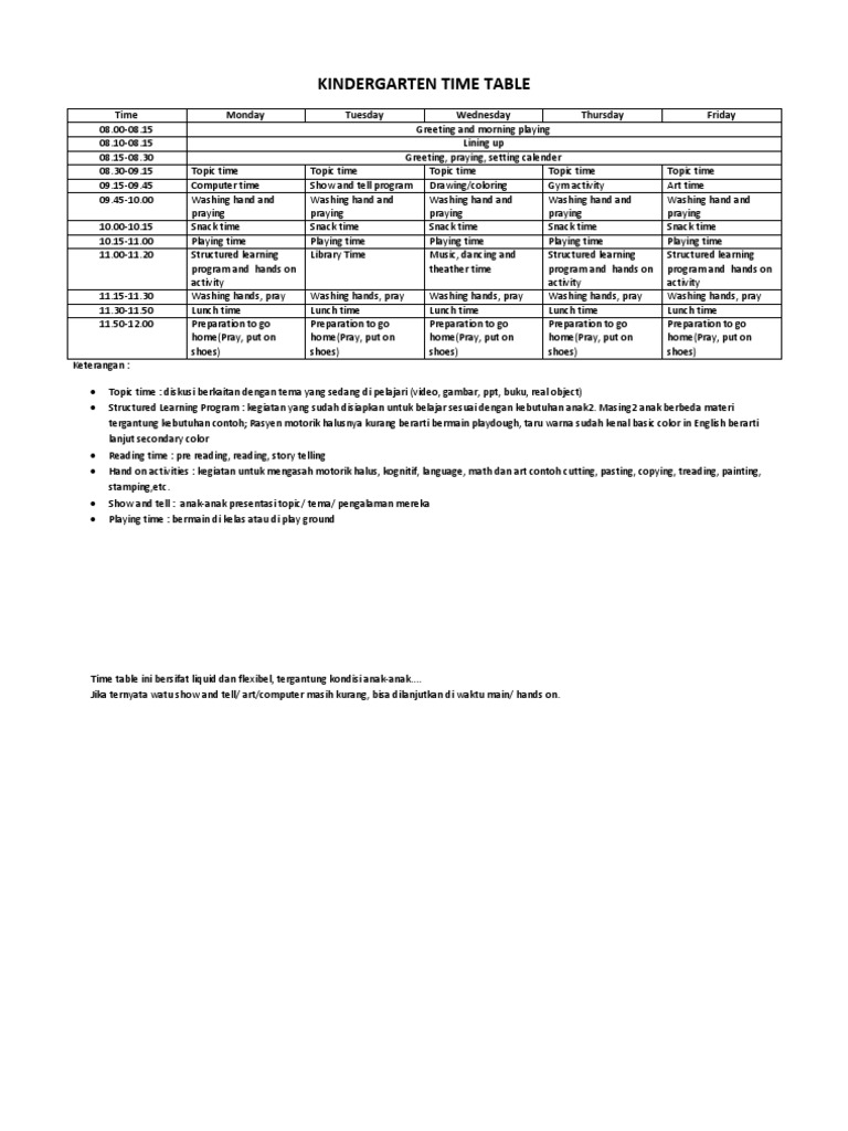 Bright Kindergarten Time Table | PDF