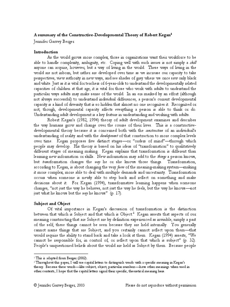 A Summary of the Constructive-Developmental Theory of Robert Kegan ...