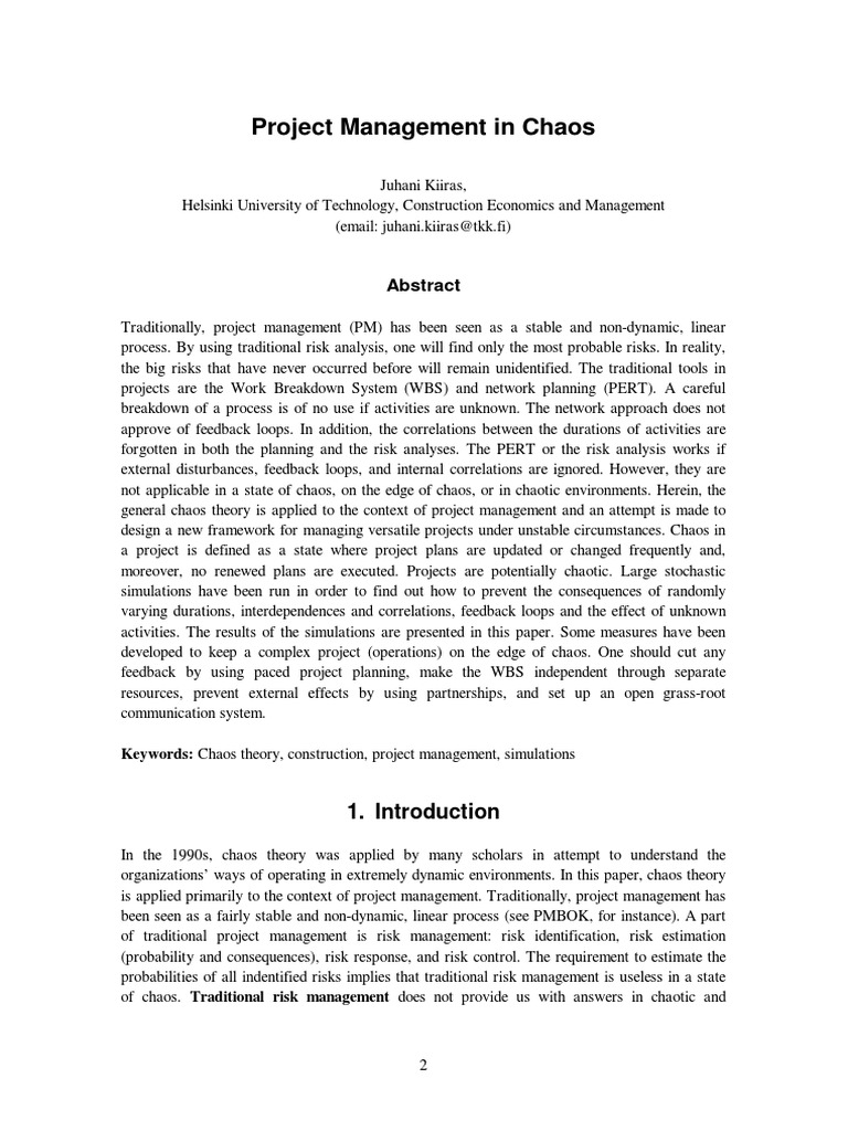 Keywords: Chaos Theory, Construction, Project Management, Simulations ...