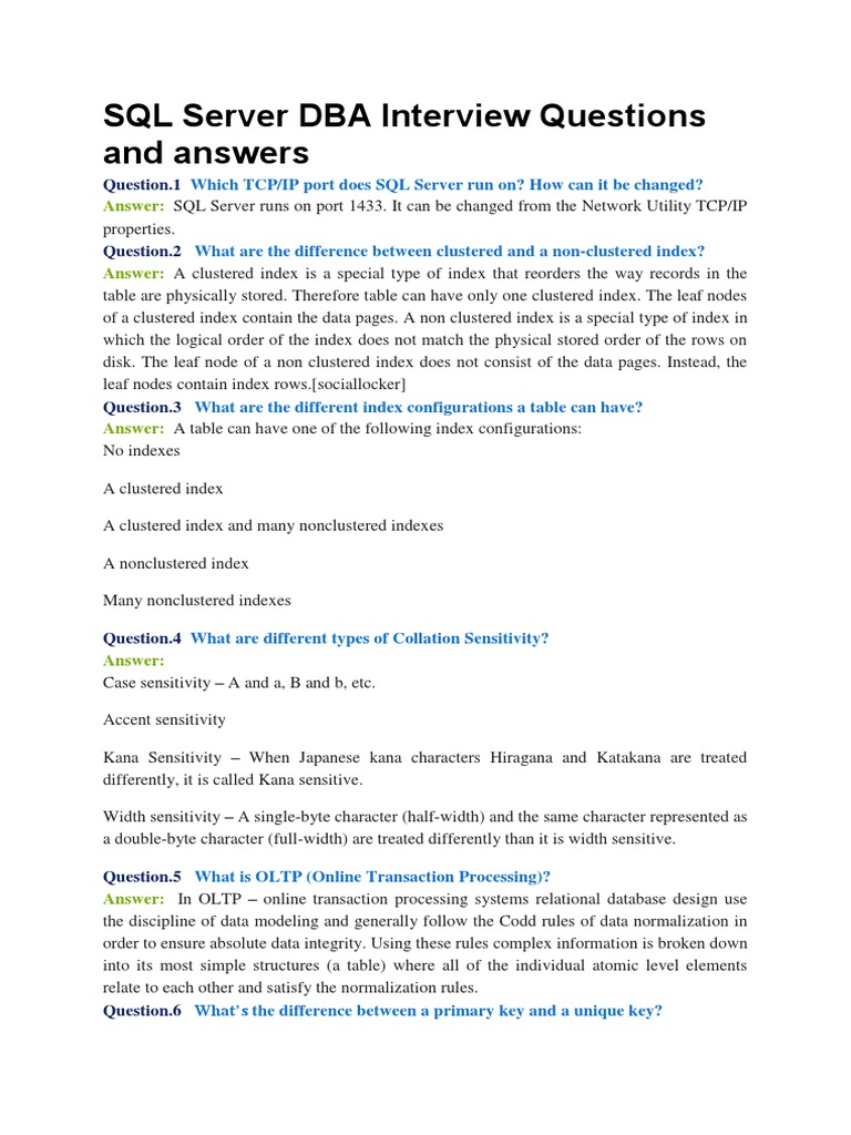 SQL Server DBA Interview Questions and Answers: Answer | PDF | Databases | Microsoft Sql Server