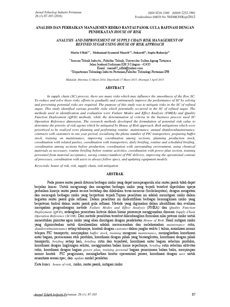 Analisis Dan Perbaikan Manajemen Risiko Rantai Pasok Gula Rafinasi Dengan Pendekatan House of ...