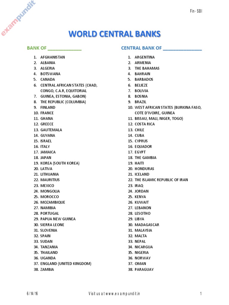 World Central Banks: BANK OF | PDF | West Africa | Central Banks