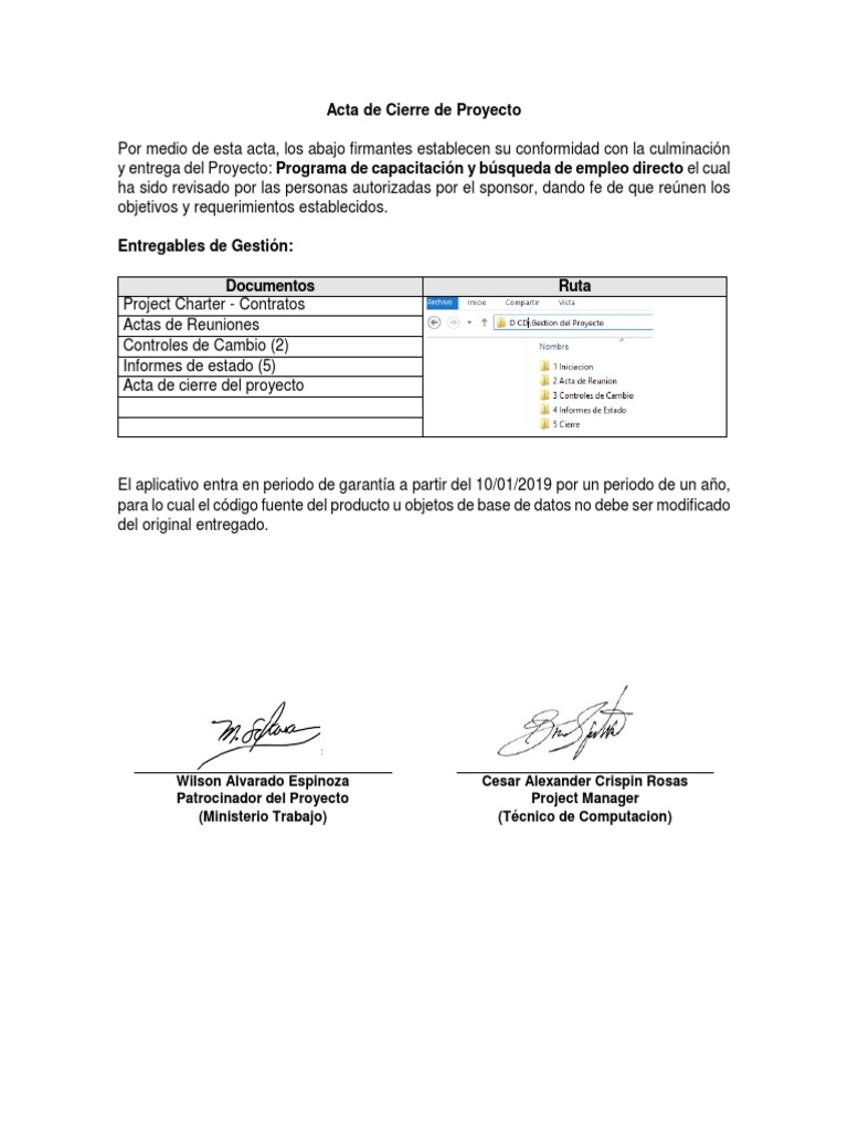Acta de Cierre de Proyecto | PDF
