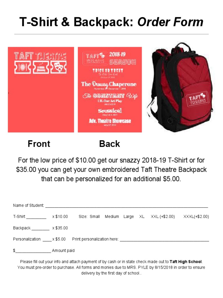 Backpack 2fpullover Order Form | PDF | Sports & Recreation | Home & Garden