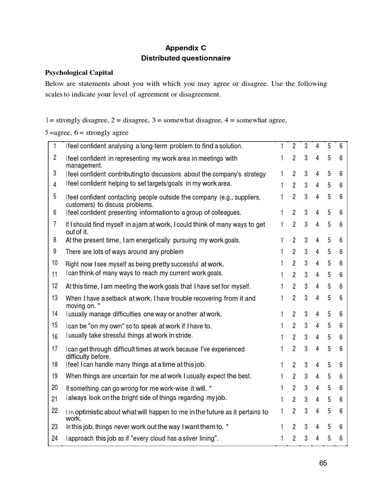 Appendix C Distributed Questionnaire Psychological Capital | Download ...