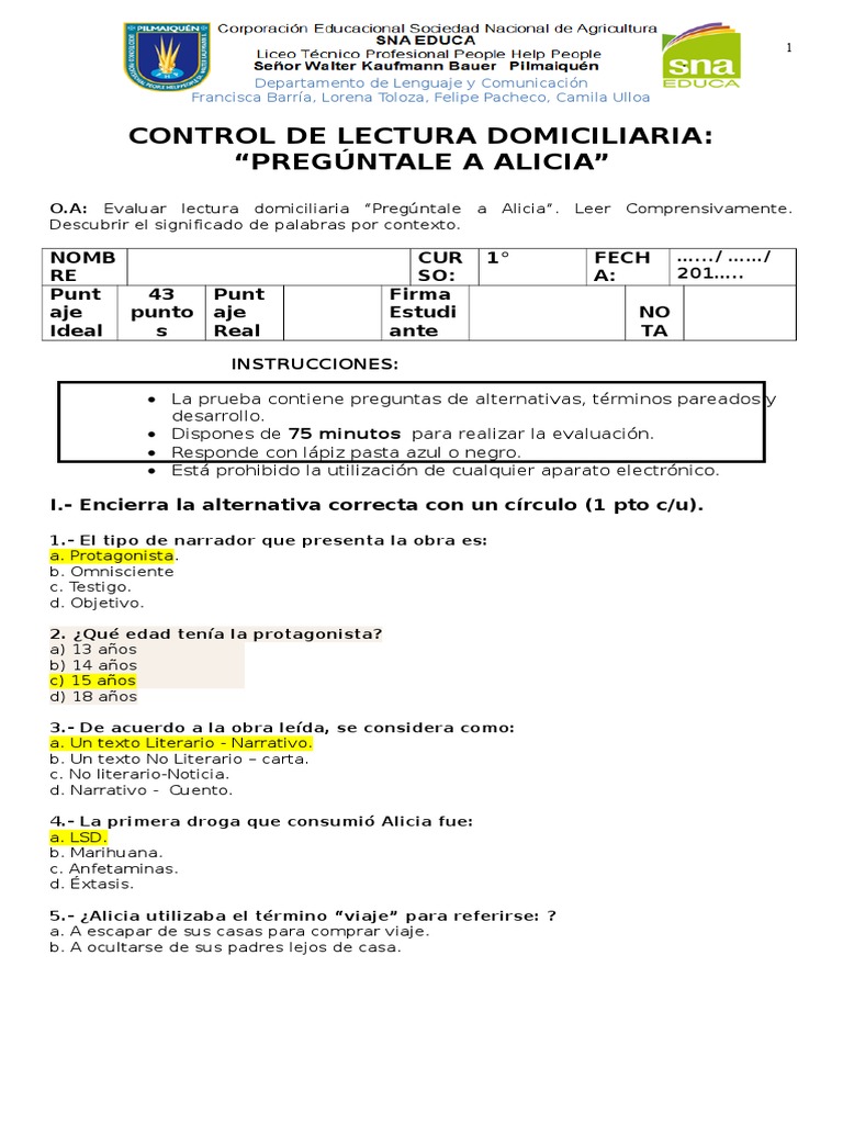 Prueba Preguntale A Alicia 1ero | PDF | Narración