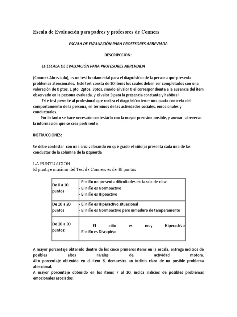 Test de Conners para Evaluación Infantil | PDF | Desorden hiperactivo y ...
