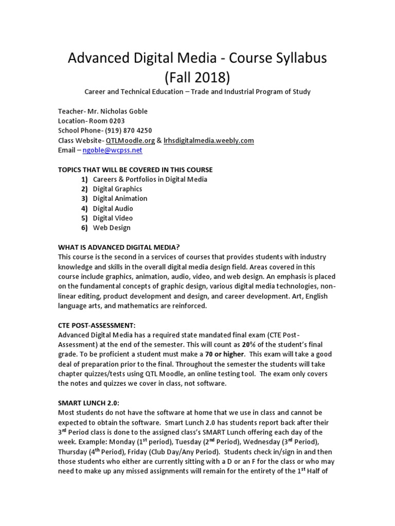 Advanced Digital Media - Course Syllabus (Fall 2018) : RD ST ND RD TH ...