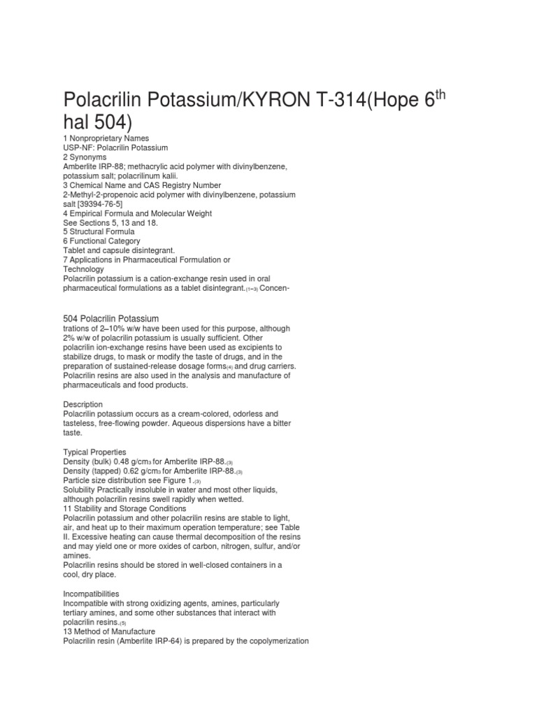 Polacrilin Potassium/KYRON T-314 (Hope 6 Hal 504) | PDF ...