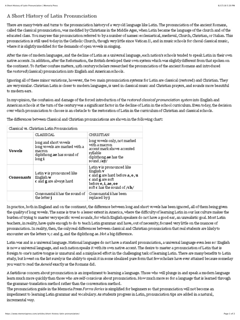 A Short History of Latin Pronunciation | PDF | Latin | Vowel