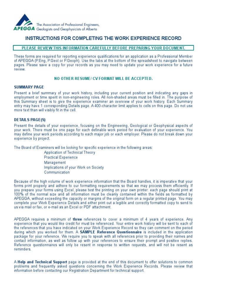 Instructions For Completing The Work Experience Record | PDF | Thesis ...