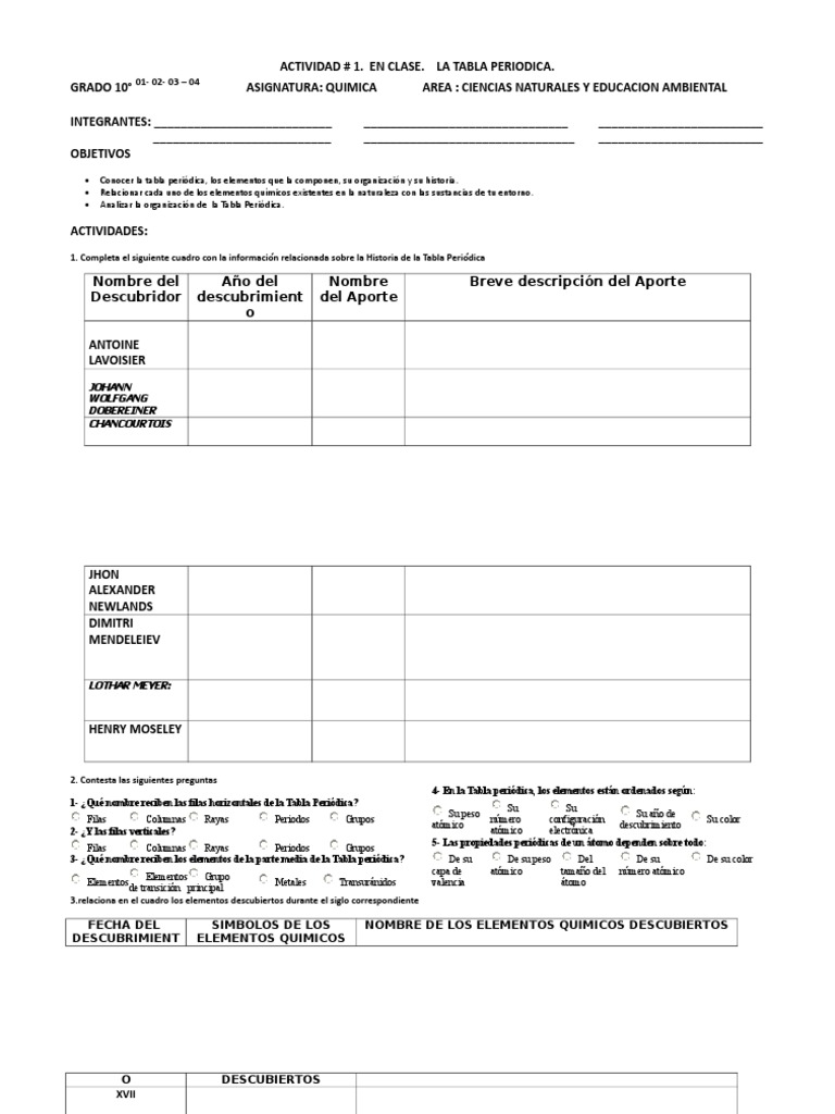 Actividad - La Tabla Periodica | PDF | Tabla periódica | Elementos químicos