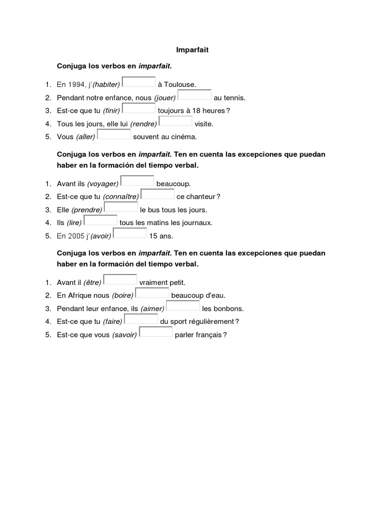 Ejercicios de Imperfecto Francés | PDF