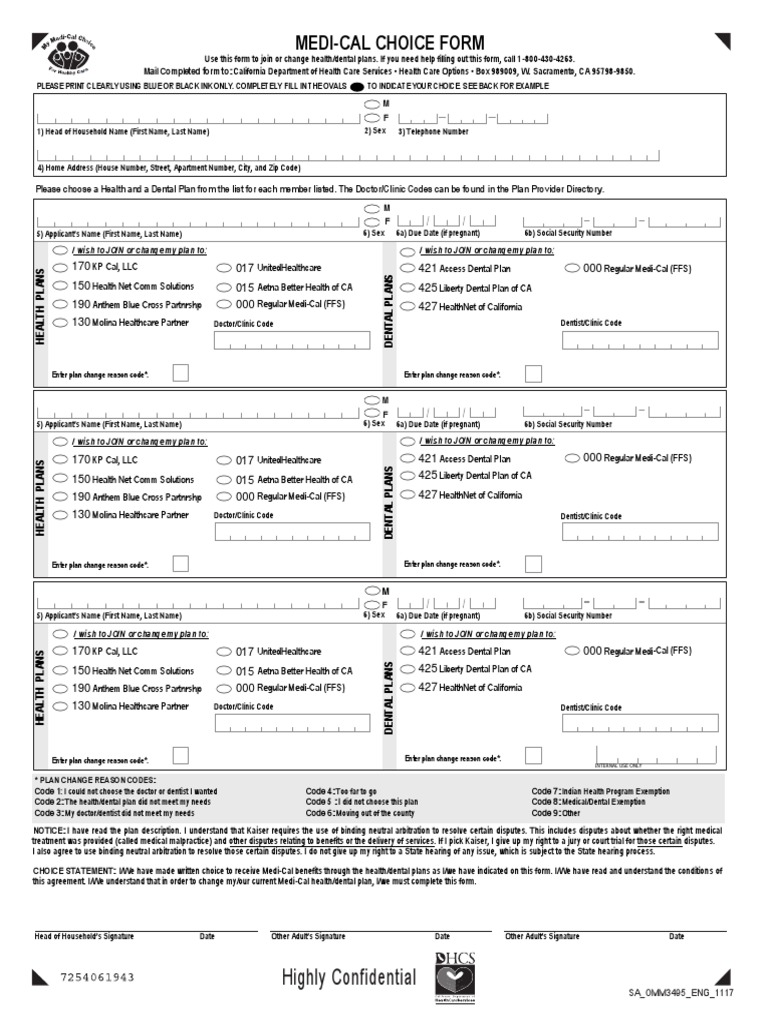 Medi-Cal Choice Form: Highly Confidential | Download Free PDF | Dentist ...