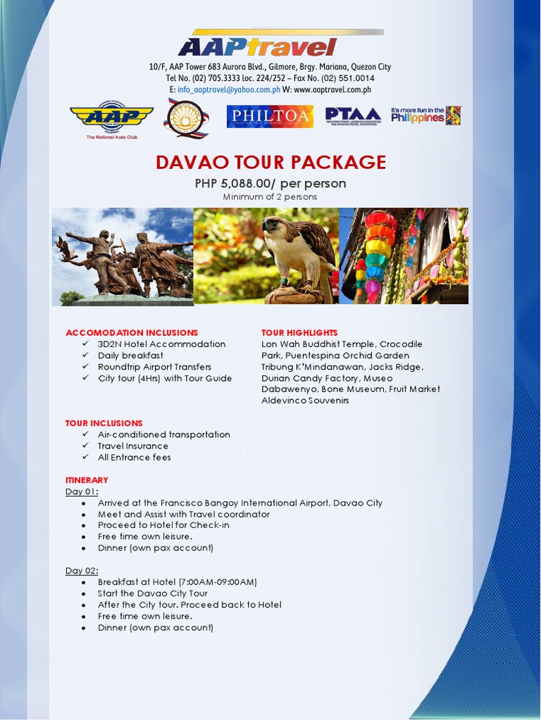Davao Tour Package: PHP 5,088.00/ Per Person | PDF | Payments ...