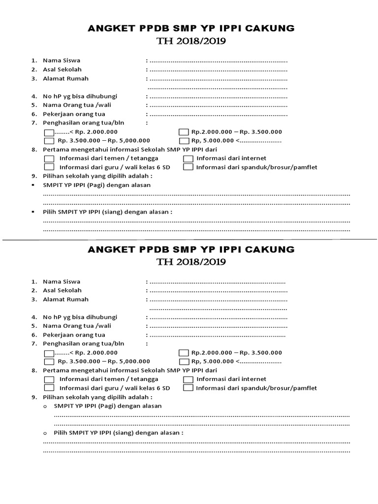 Angket PPDB SMP Yp Ippi Cakung | PDF