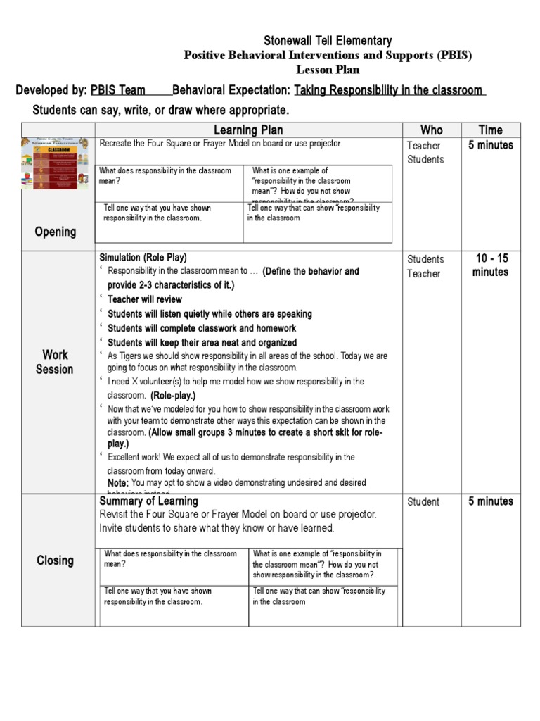 Positive Behavioral Interventions and Supports (PBIS) Lesson Plan | PDF ...