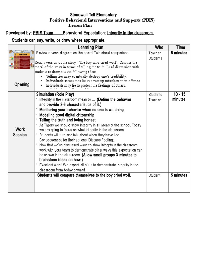 Positive Behavioral Interventions and Supports (PBIS) Lesson Plan | PDF ...