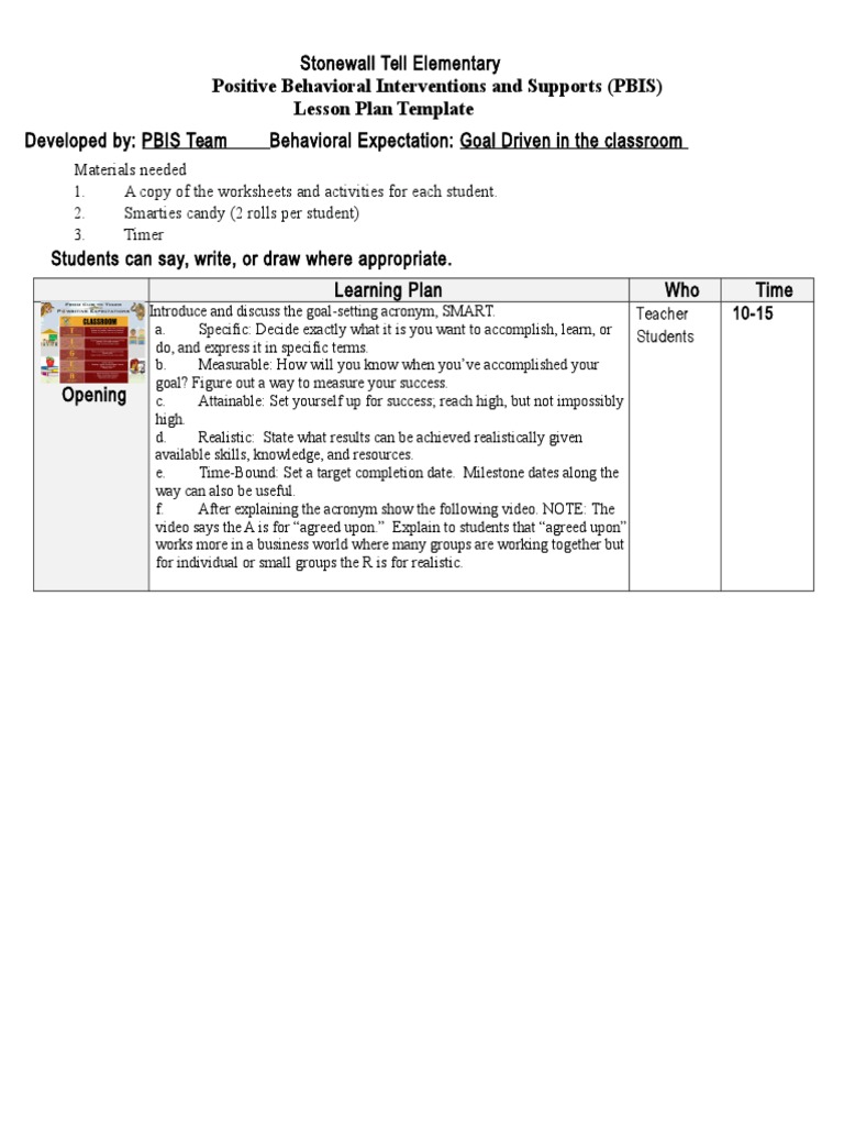 Positive Behavioral Interventions and Supports (PBIS) Lesson Plan ...