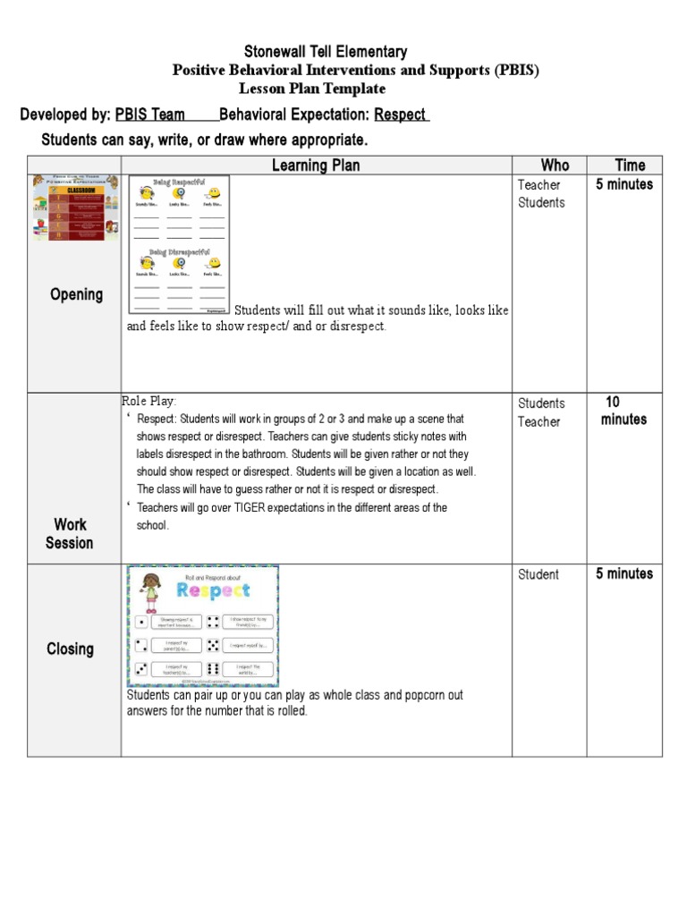 Positive Behavioral Interventions and Supports (PBIS) Lesson Plan ...