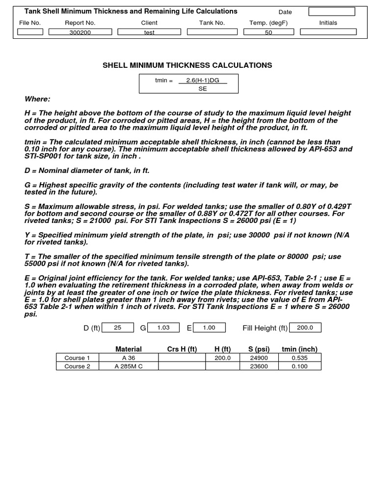 Shell Minimum Thickness Calculations: D (FT) G E Fill Height (FT) | PDF ...