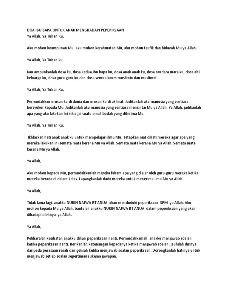 Doa Ibu Bapa Untuk Anak Menghadapi Peperiksaan Pdf