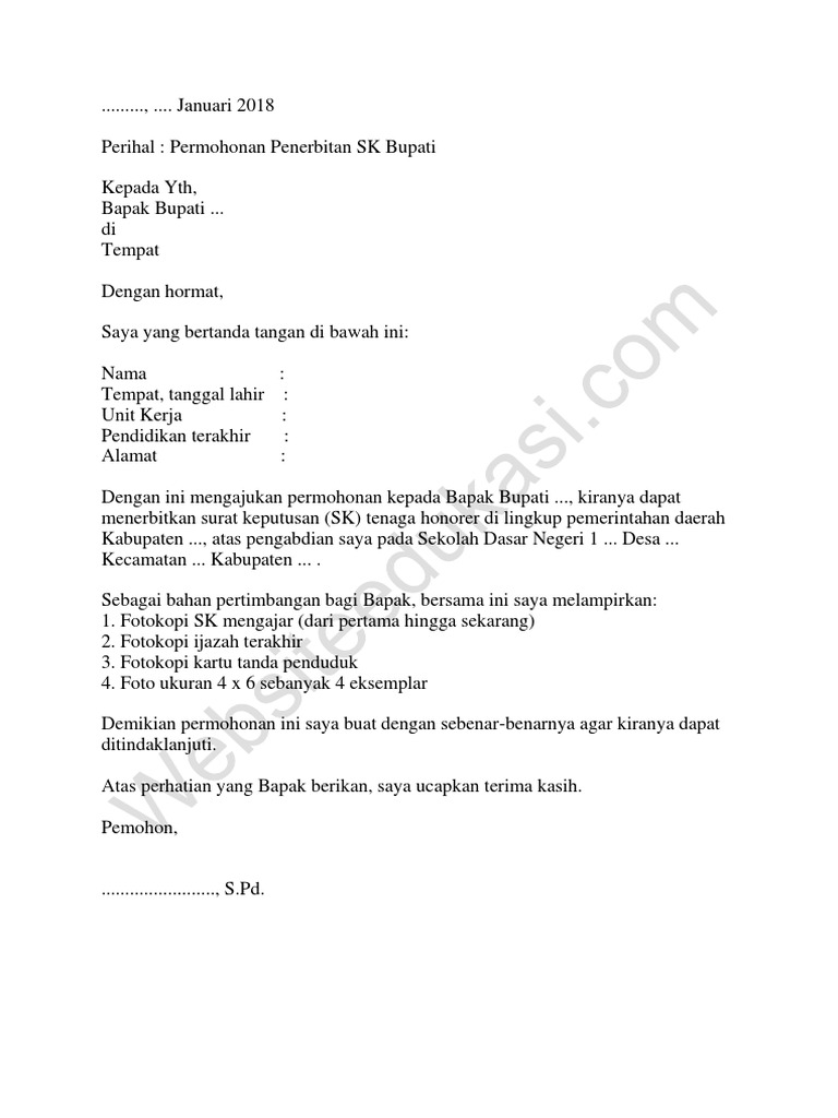 Contoh Surat Permohonan SK Bupati | PDF