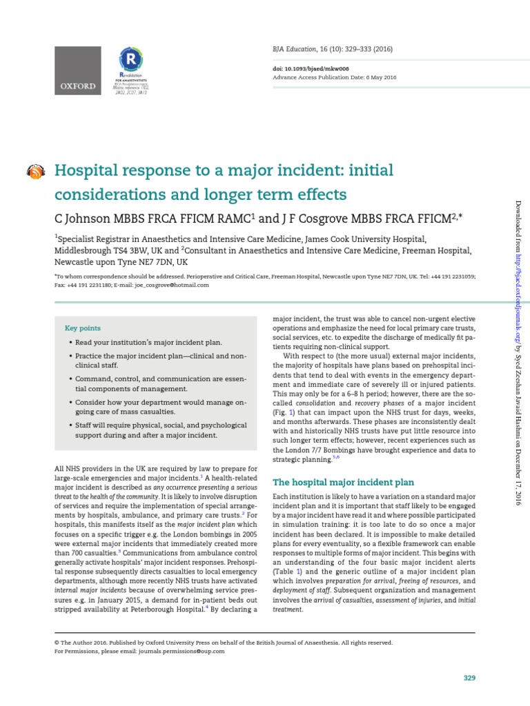 Hospital Response To A Major Incident: Initial Considerations and ...