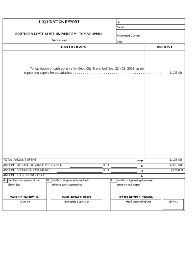Liquidation Report: Southern Leyte State University - Tomas Oppus | PDF