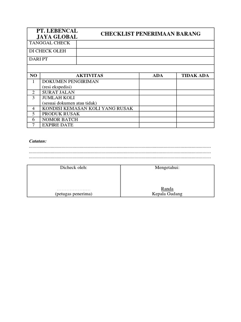 Checklist Penerimaan Barang Gudang | PDF