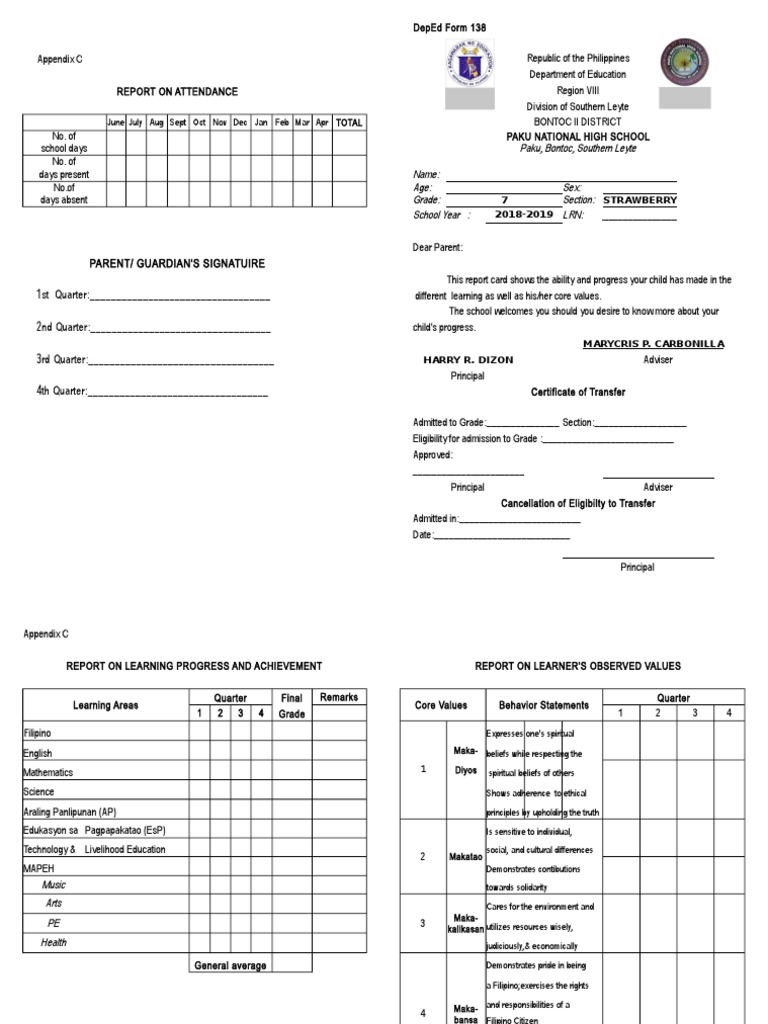 Form 138 Card | PDF | Psychological Concepts | Behavior Modification