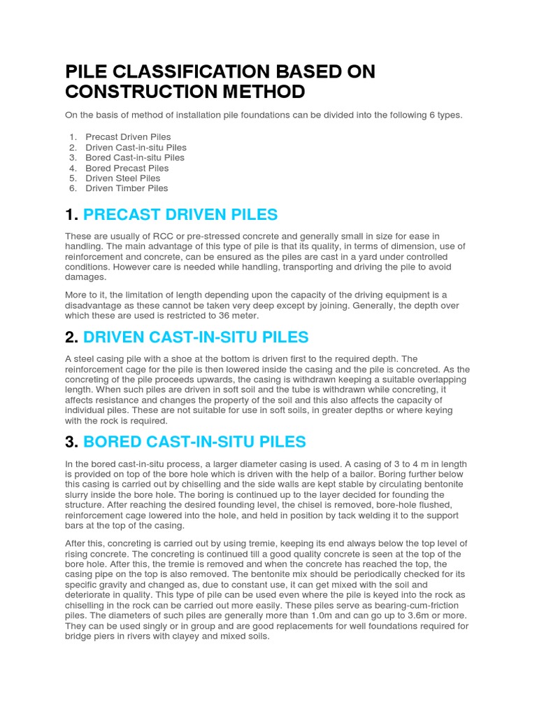 Pile Classification Based On Construction Method | PDF | Deep Foundation | Structural Engineering