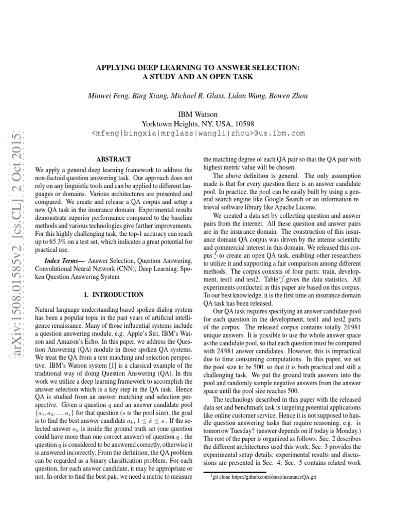 Applying Deep Learning To Answer Selection - A Study and An Open Task | PDF | Deep Learning ...