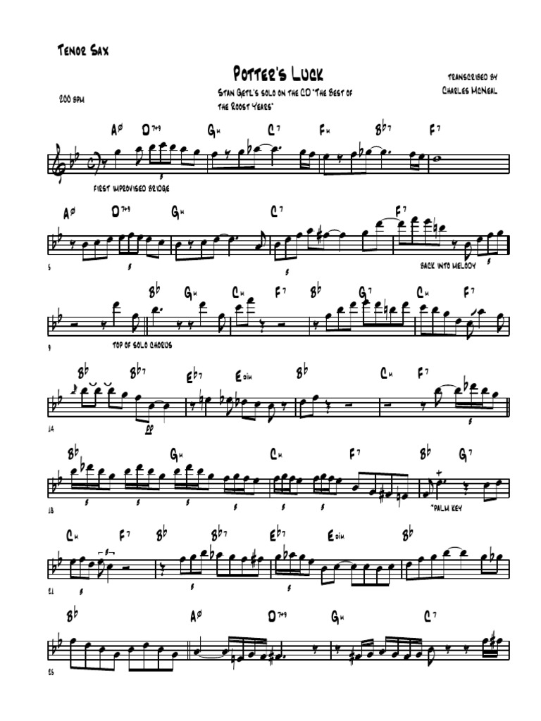 Tenor Sax: Transcribed by Charles Mcneal Stan Getz'S Solo On The CD ...