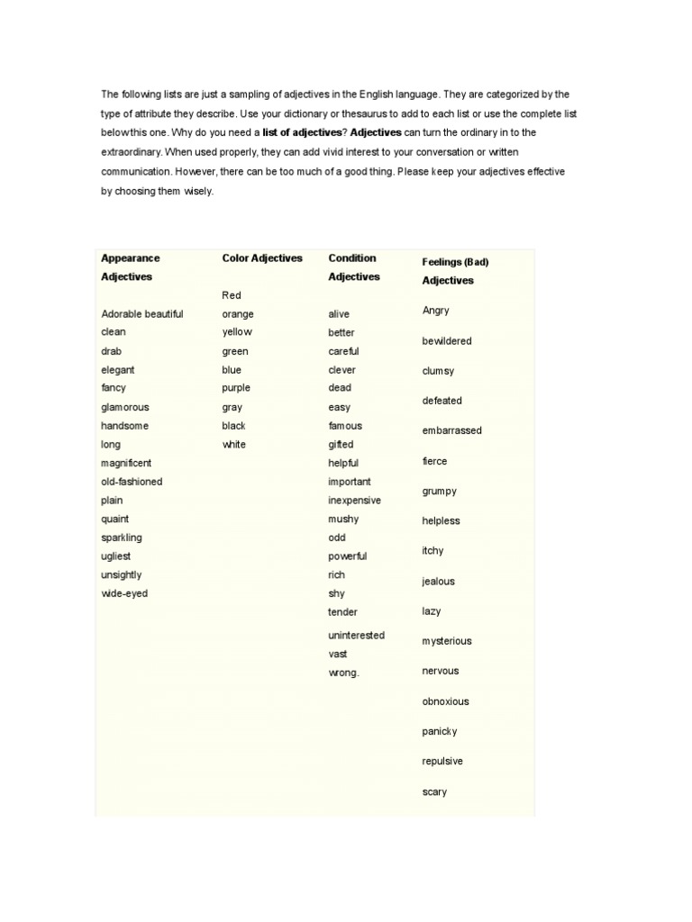 Adjectives List | Download Free PDF | Adjective | Syntax