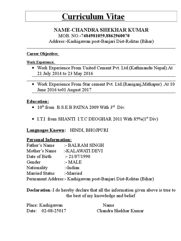 Curriculum Vitae: Name-Chandra Shekhar Kumar | PDF