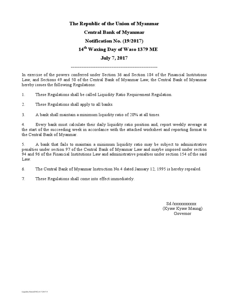 Central Bank Myanmar - Liquidity Ration Requirment Regulation 2017 ... Central Bank Myanmar - Liquidity Ration Requirment Regulation 2017 ...