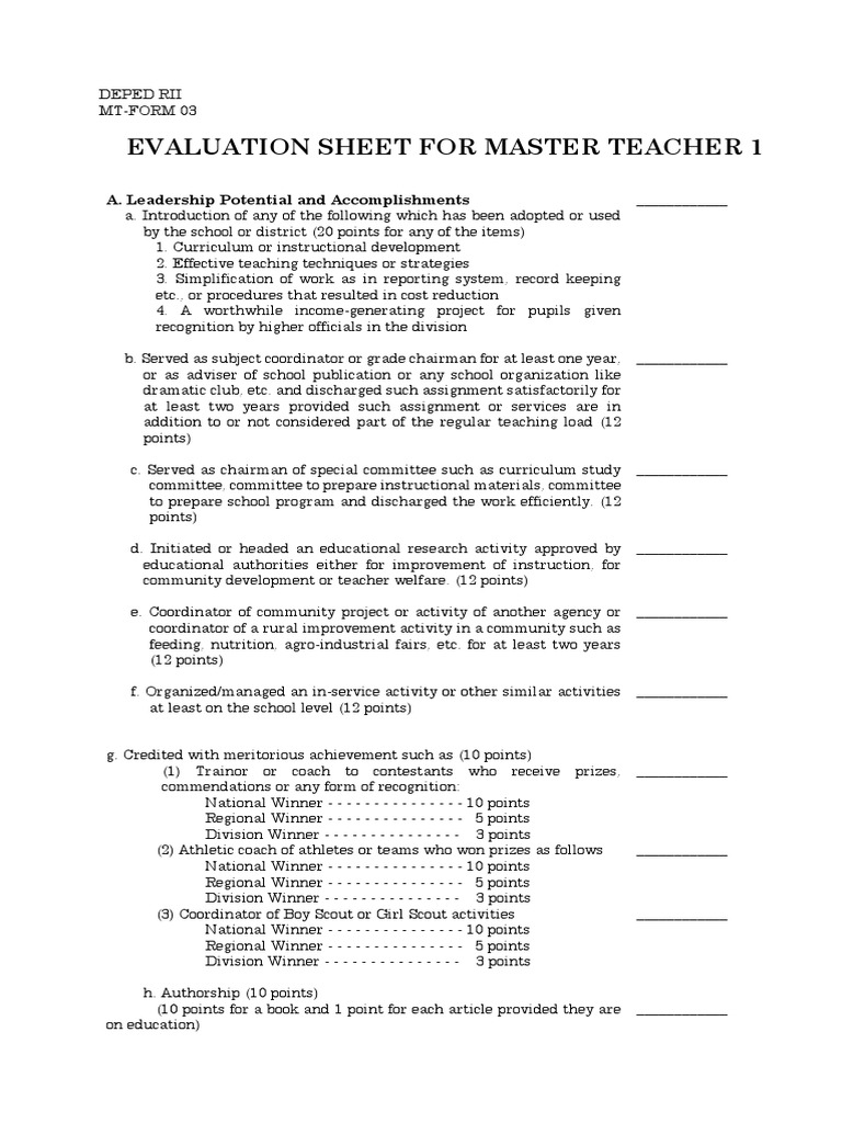 Evaluation Sheet for Master Teacher | Psychotherapy | Teachers