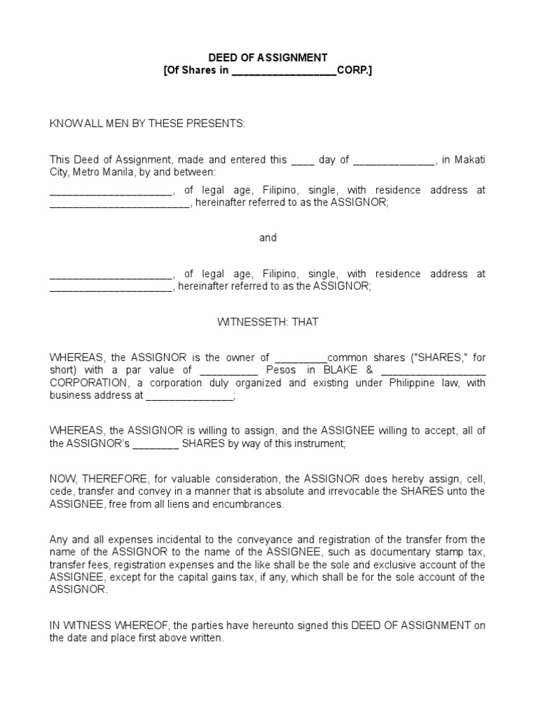Deed of Assignment - Shares of Stock | PDF | Assignment (Law) | Natural ...