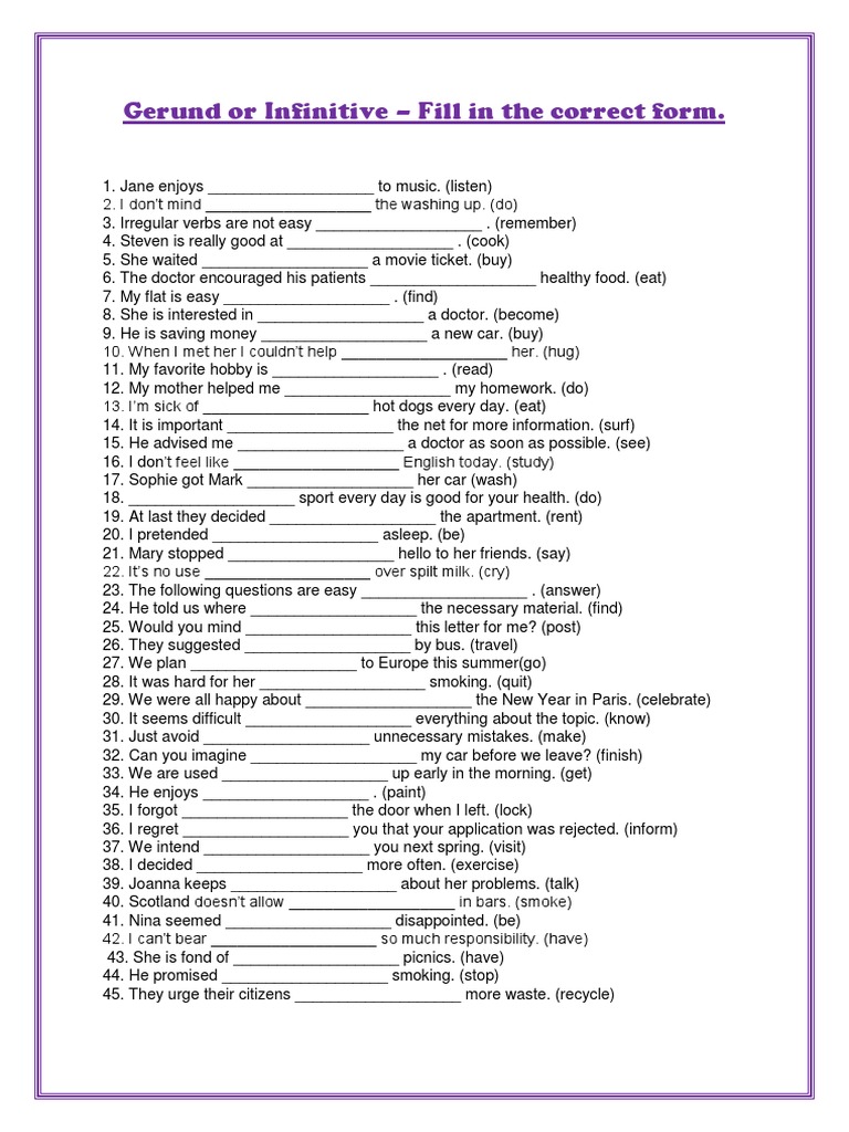 Gerund or Infinitive Worksheet Templates Layouts 96902 | PDF