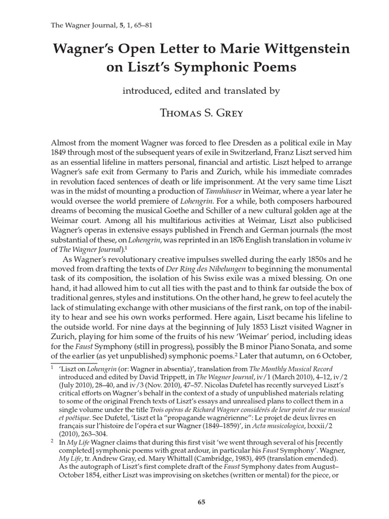 Wagner's Open Letter To Marie Wittgenstein On Liszt's Symphonic Poems ...