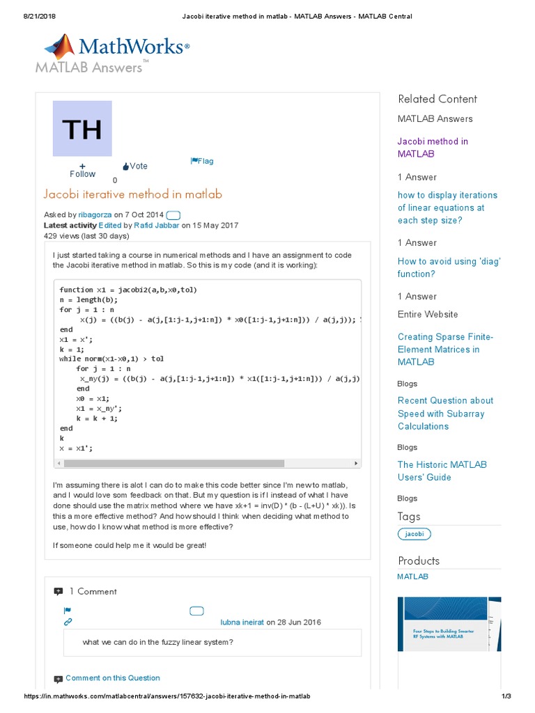 Jacobi Iterative Method In Matlab Matlab Answers Matlab Central